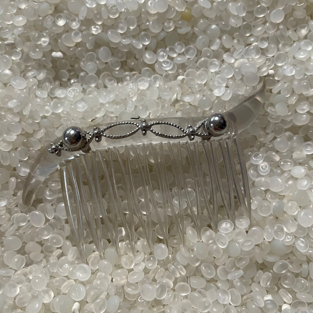 Vintage Hair Comb, Clear Color Comb , Silver Metal and Silver Beads ...