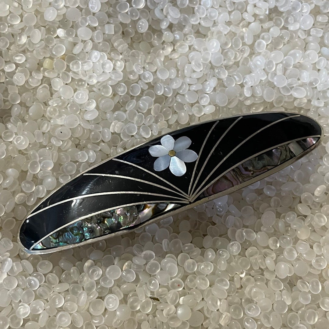 Vintage Barrette, Silver Tone, Mother of Pearl Flower Embedded, Abalone ...