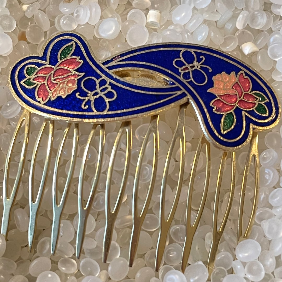 Vintage Cloisonne Hair Comb,royal Blue Comb, Decorative Gold Tone Hair ...