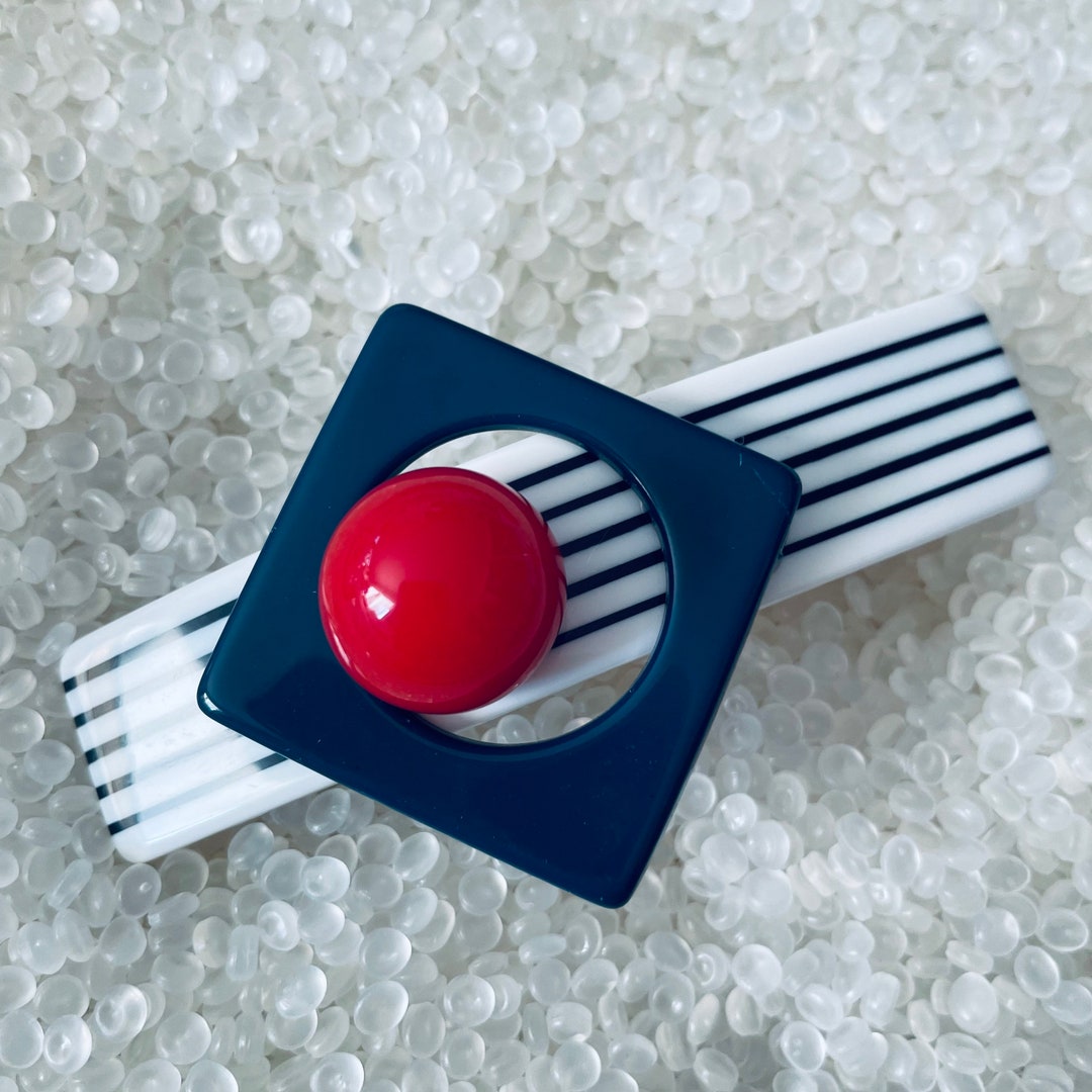 Vintage 1980s Hair Barrette, Red Ball , Blue Stripes, Geometric Chunky ...