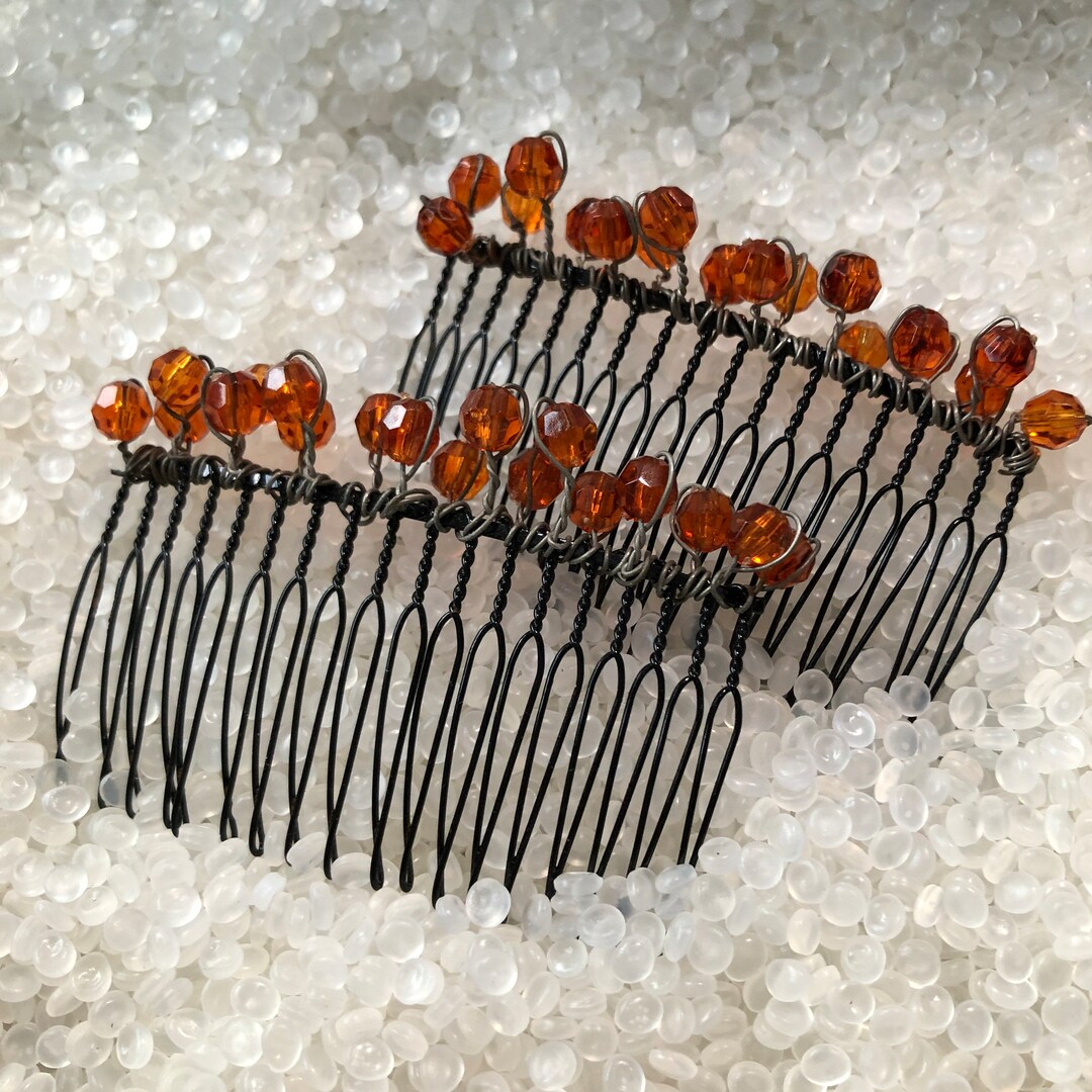 Vintage Hair Combs Multi Faceted Beads, Cinnamon Color Beads, Hand ...