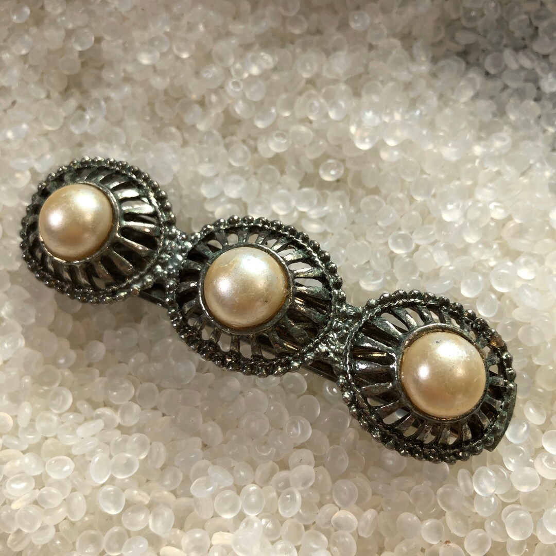 Vintage Barrette, 3 Molded Metal Crown Points , Large Fake Pearls ...