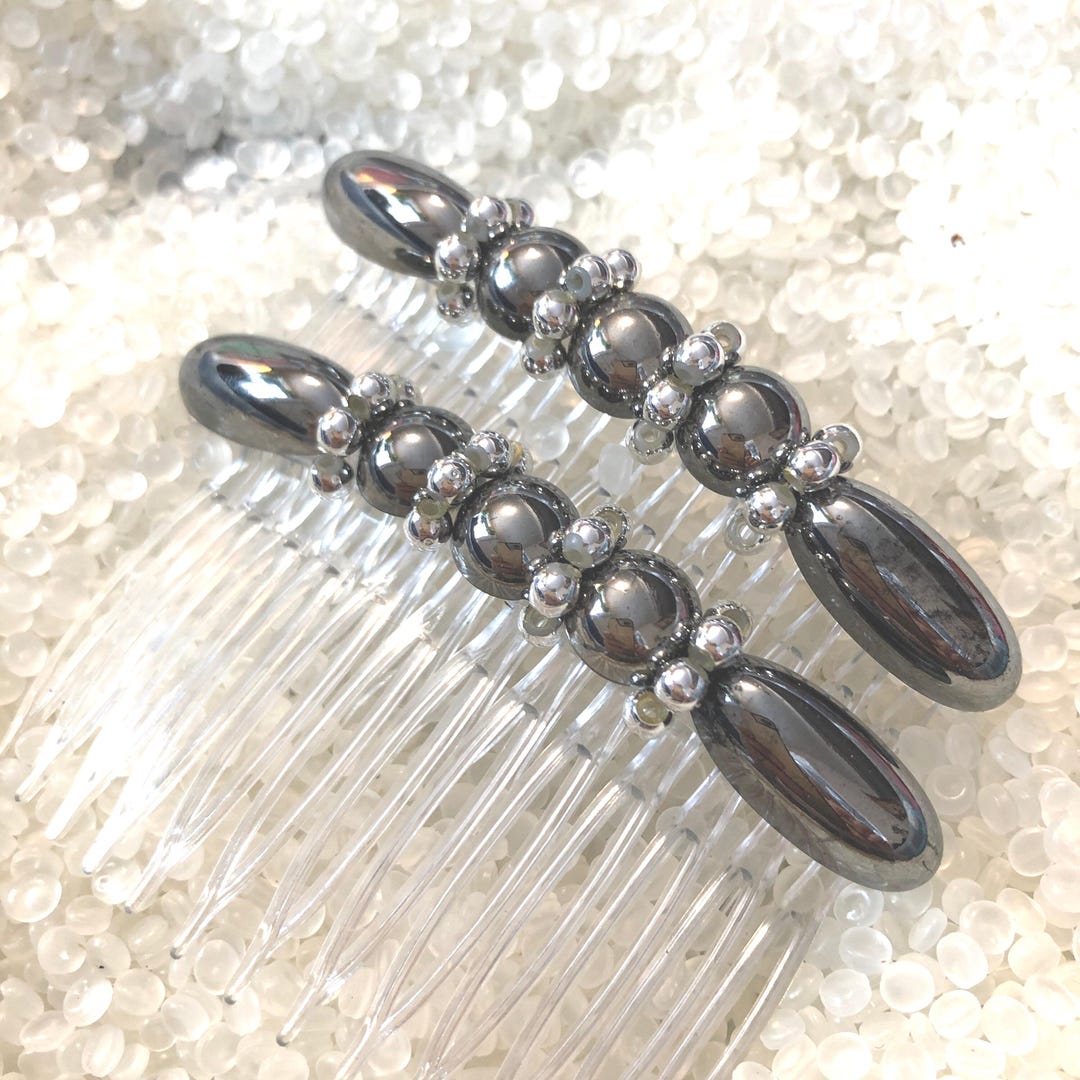 Vintage Comb , Rare Pair, Metal Beads, Shiny Mercury Silver, Beaded ...