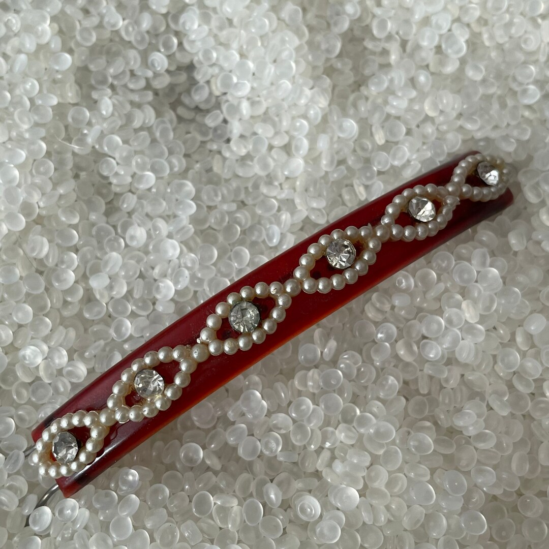 Vintage Hair Barrette Tortoiseshell , Pearl Like Chain , Rhinestone ...