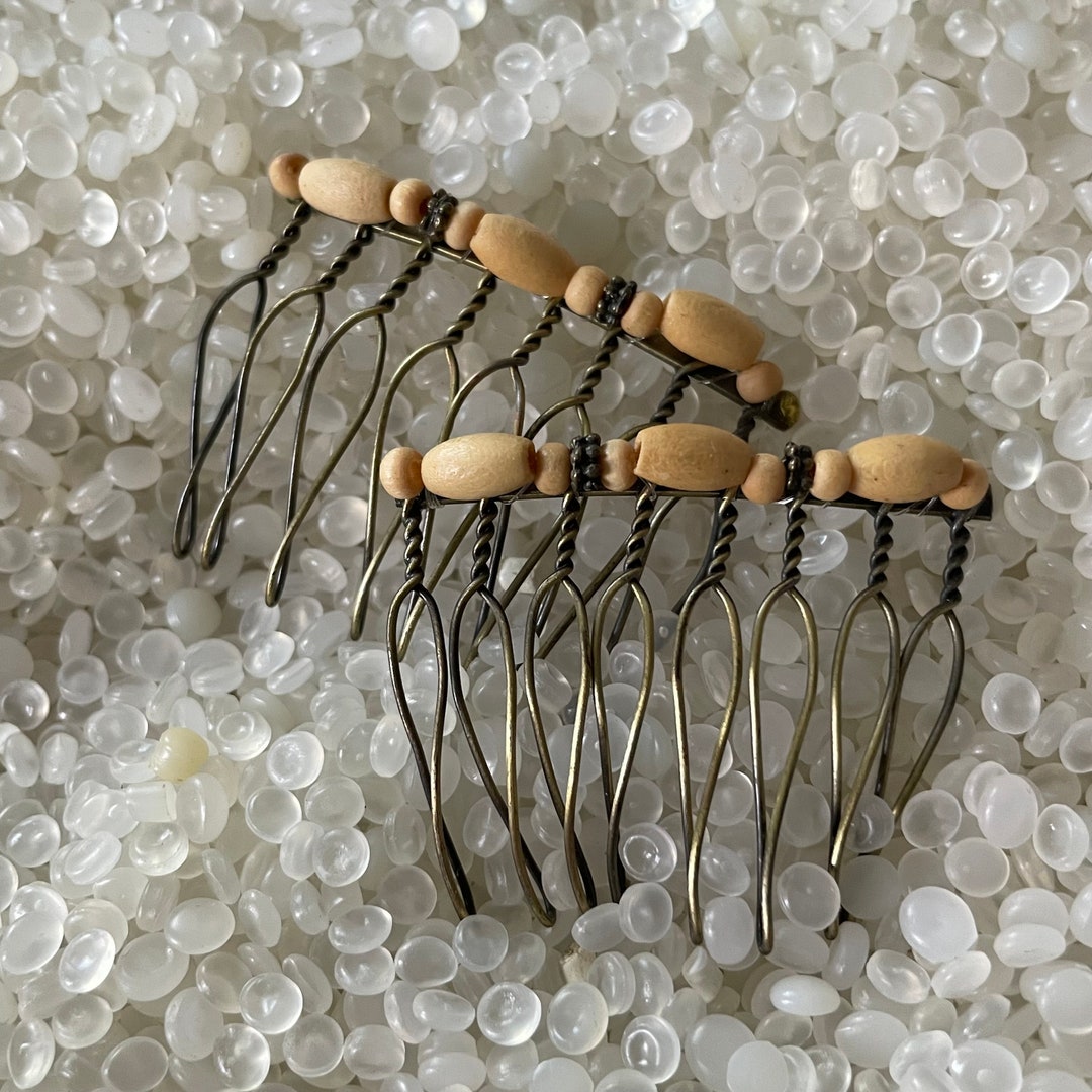 Vintage Hair Combs, Matching Pair, Wood Beads, Brown Beads, Vintage ...
