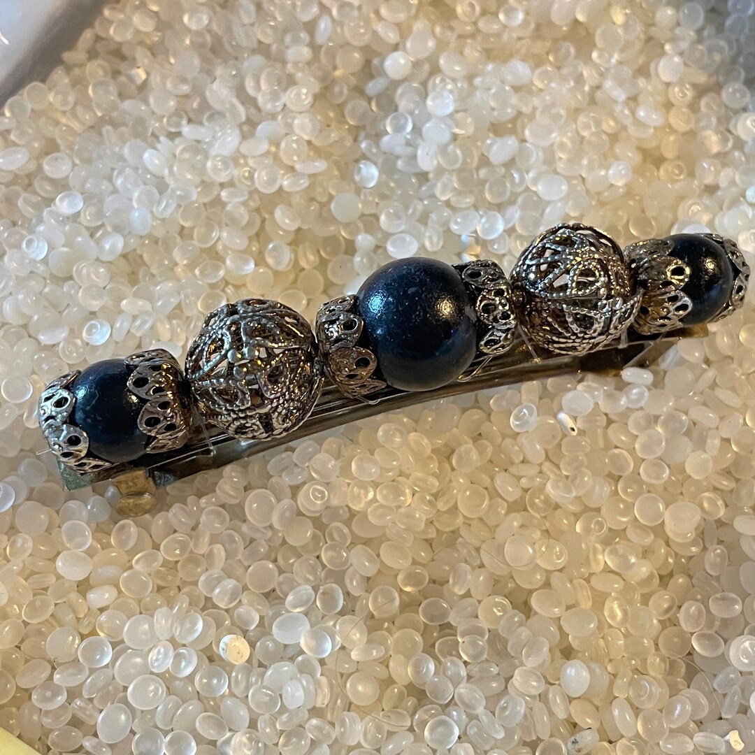 Vintage Barrette, Vintage 1980 Barrette, Wood Barrette ,black Bead ...