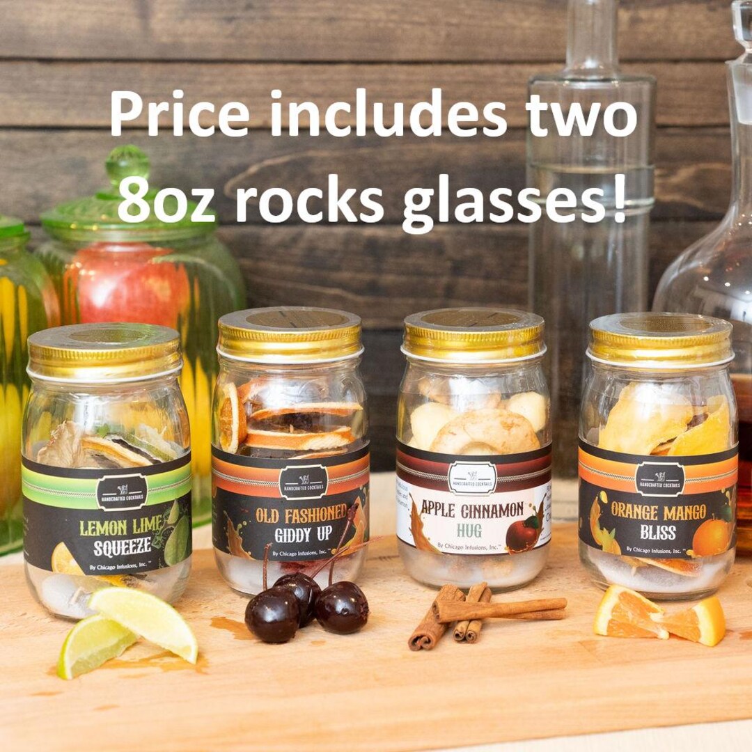 2 Jar Cocktail Infusion Gift Set W/ 8oz Rocks Glasses, sip Happens ...