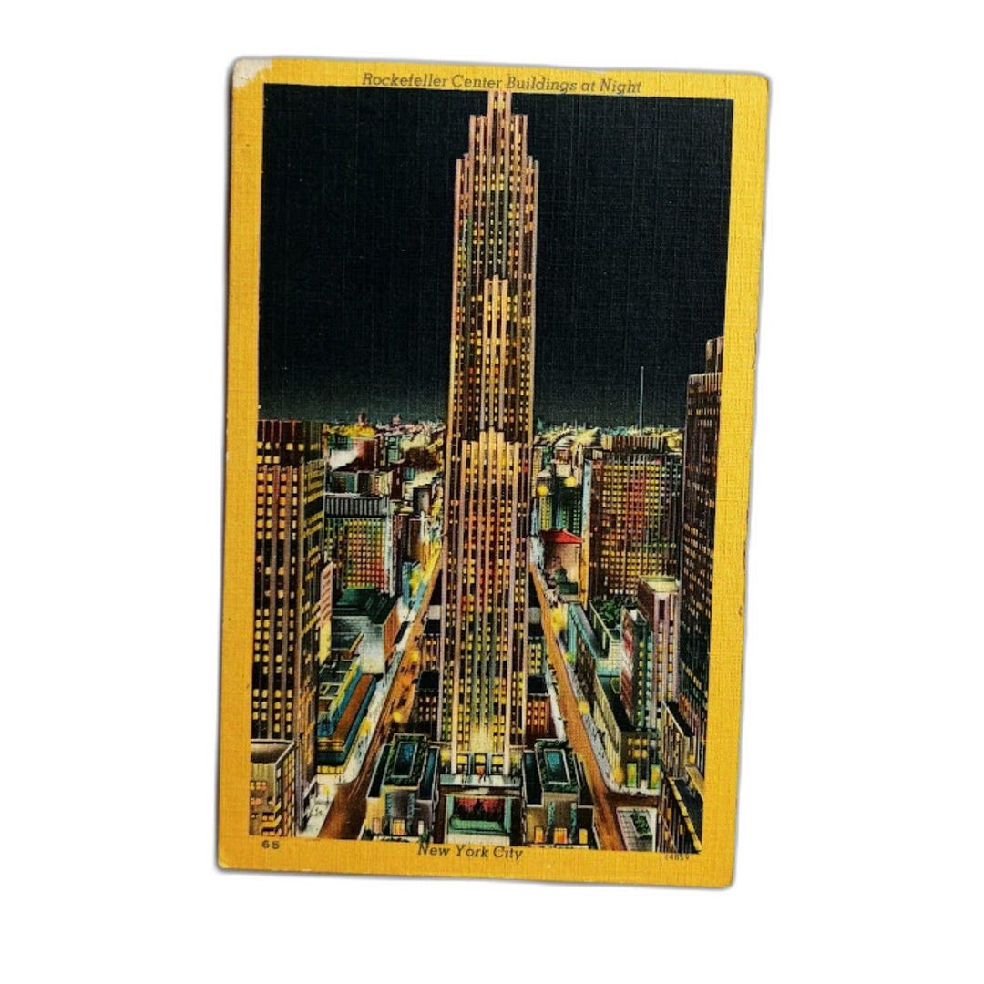 Rockefeller Center at Night Postcard Linen Unposted Vintage Acadia Card ...