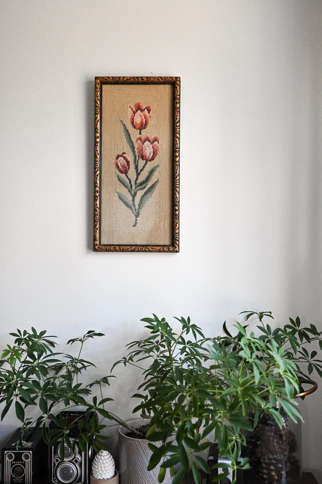 Vintage Framed Tulip Needlepoint 9x18" Mid-century Decor - Etsy