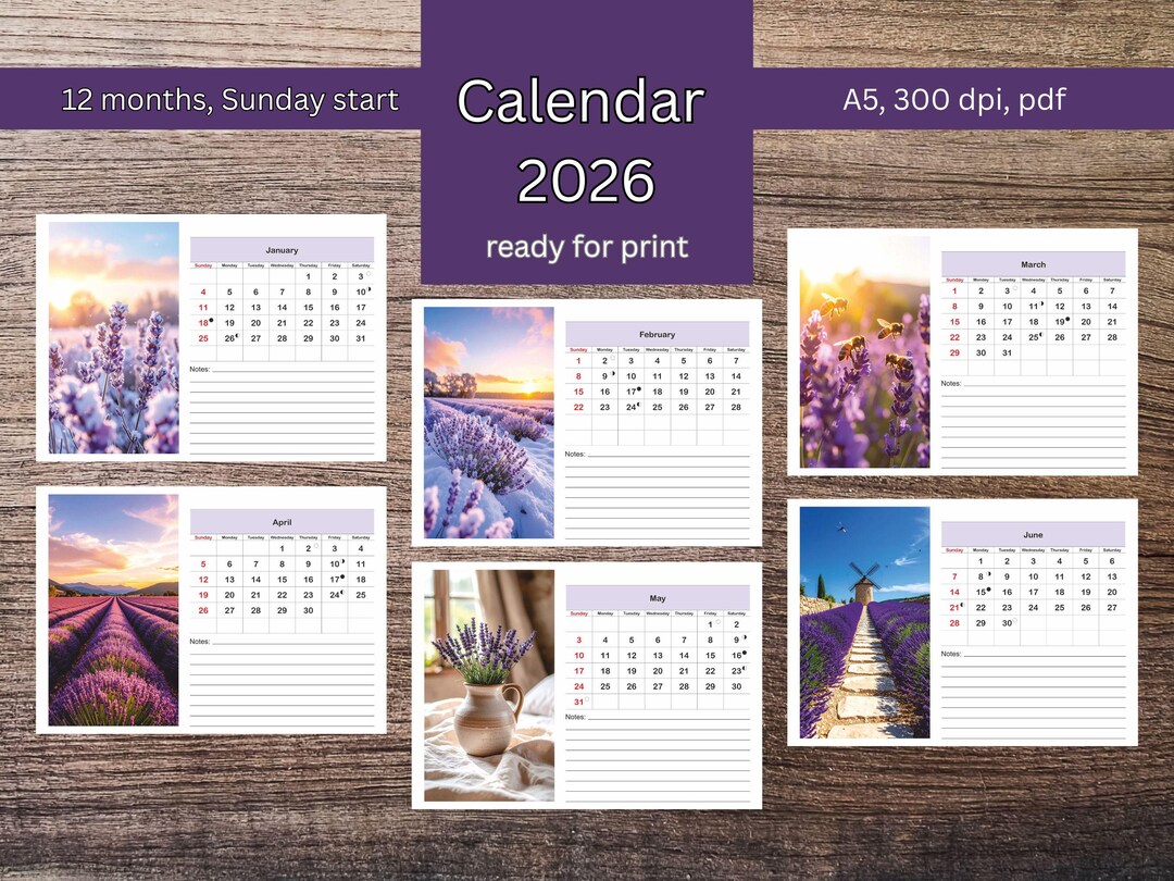 Printable 2026 Lavender Calendar A5 – Sunday Start – Wall & Desk ...