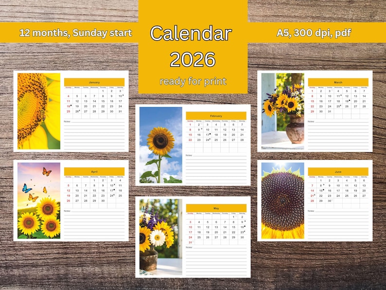 Printable 2026 Sunflower Calendar A5 – Sunday Start – Wall & Desk ...