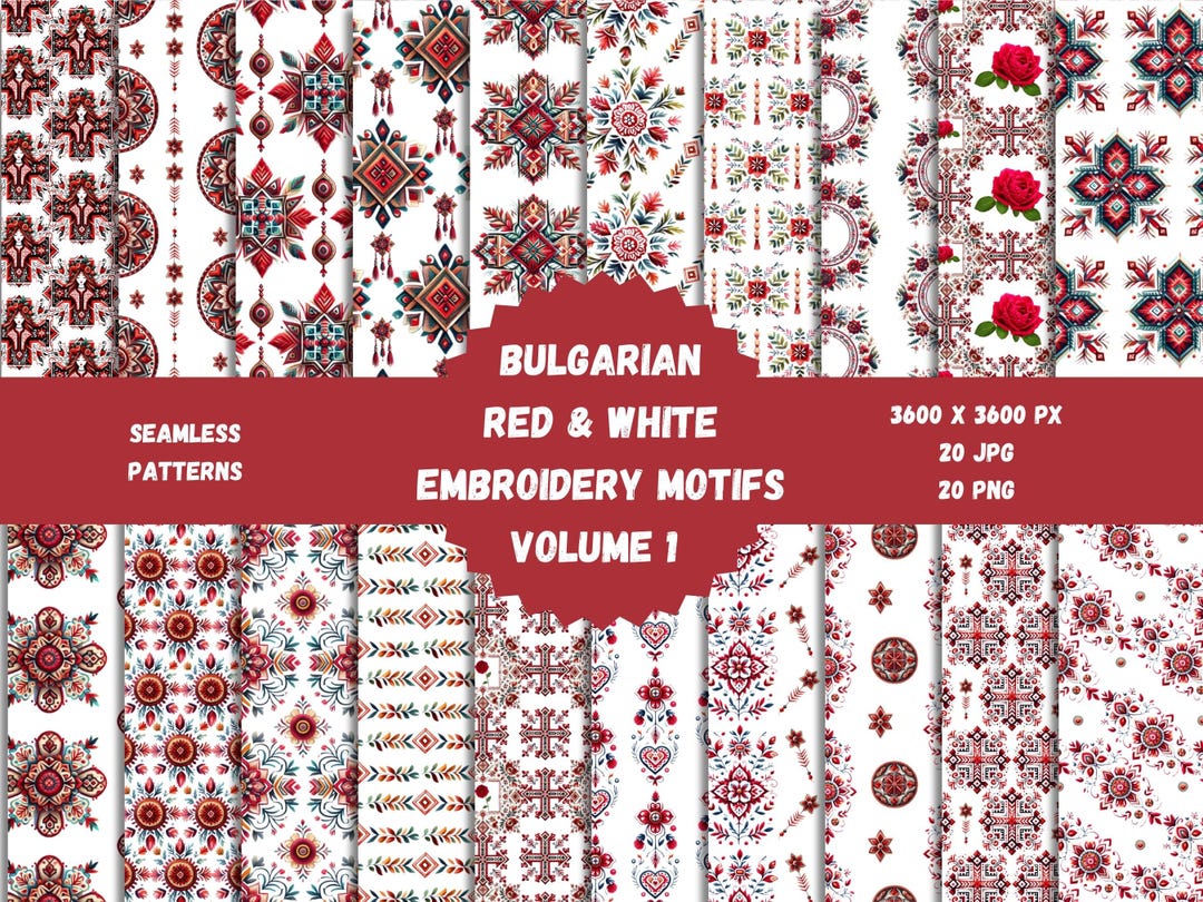 Bulgarian Red and White Embroidery Seamless Patterns | Folk Motif ...
