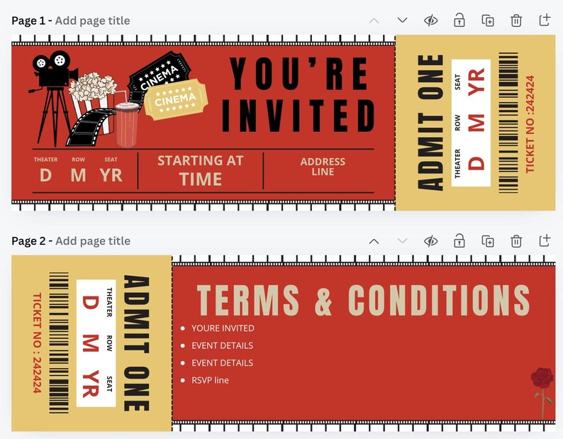 Ticket Style Invitation Template - Red/black/gold - Etsy