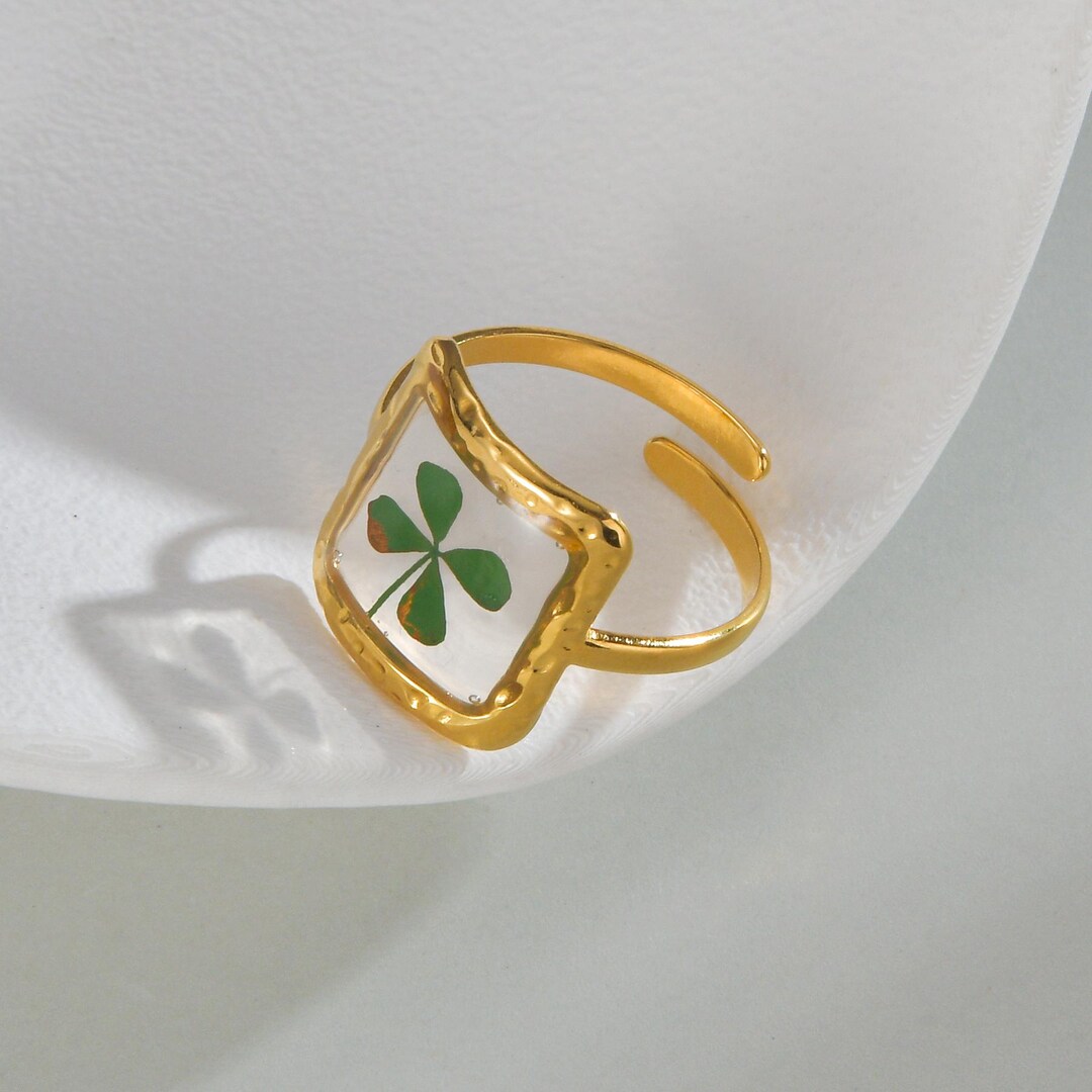 Luck Four Leaf Clover Square Ring/real Flower Adjustable Jewelry ...