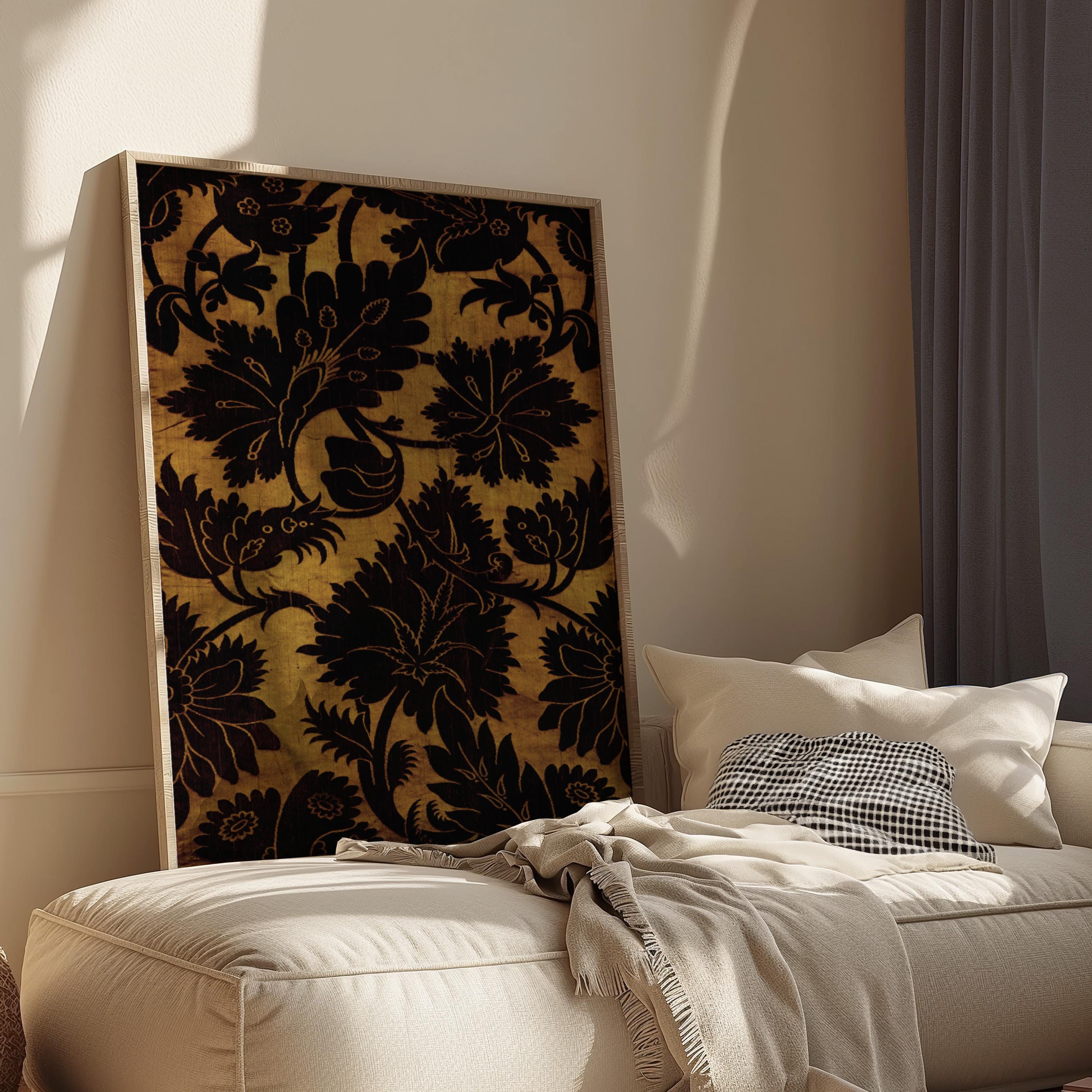 Gothic Gold and Black Botanical Print Gothic Black Damask Tapestry ...
