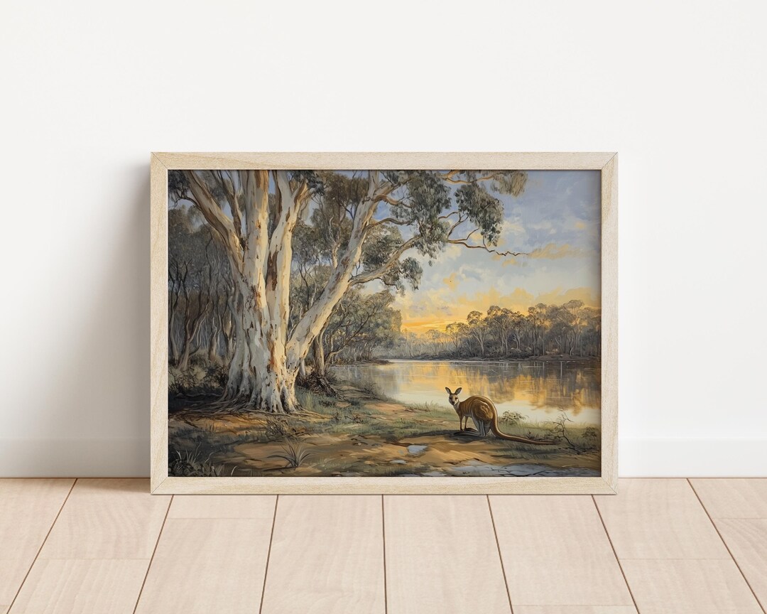 Australian Landscape Art Print: Kangaroo, Gumtree, River Scene - Etsy