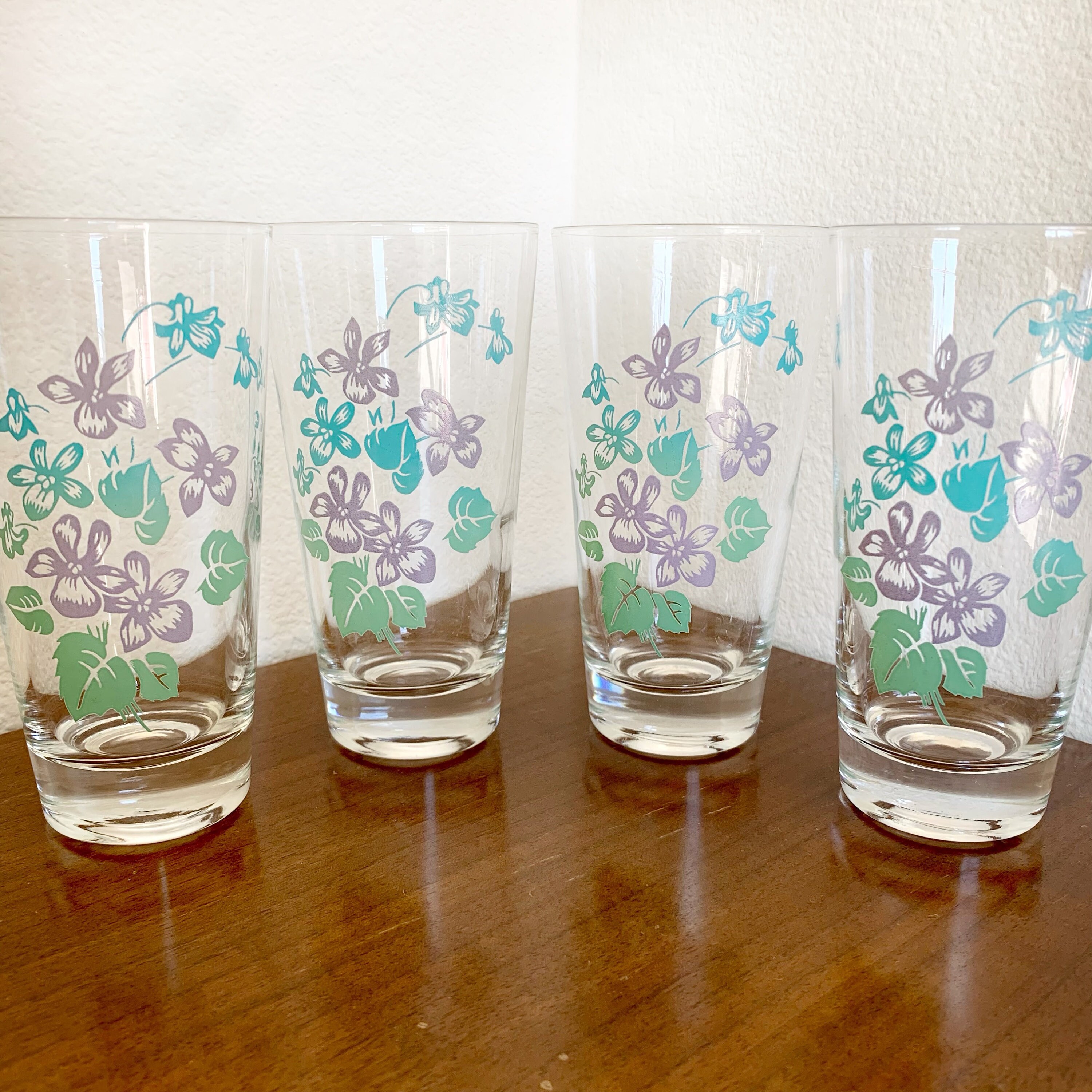Set of Four 4 Vintage Violet Print Drinking Glasses Vintage Tall Glass ...