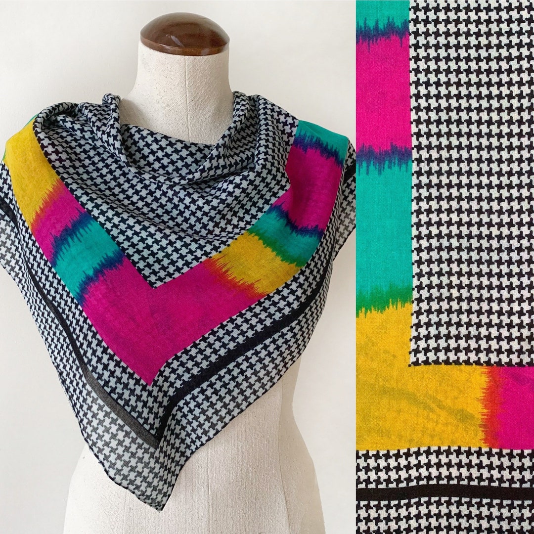 Vintage Houndtooth and Neon Scarf - Vintage Neck Scarf - Hair Scarf ...