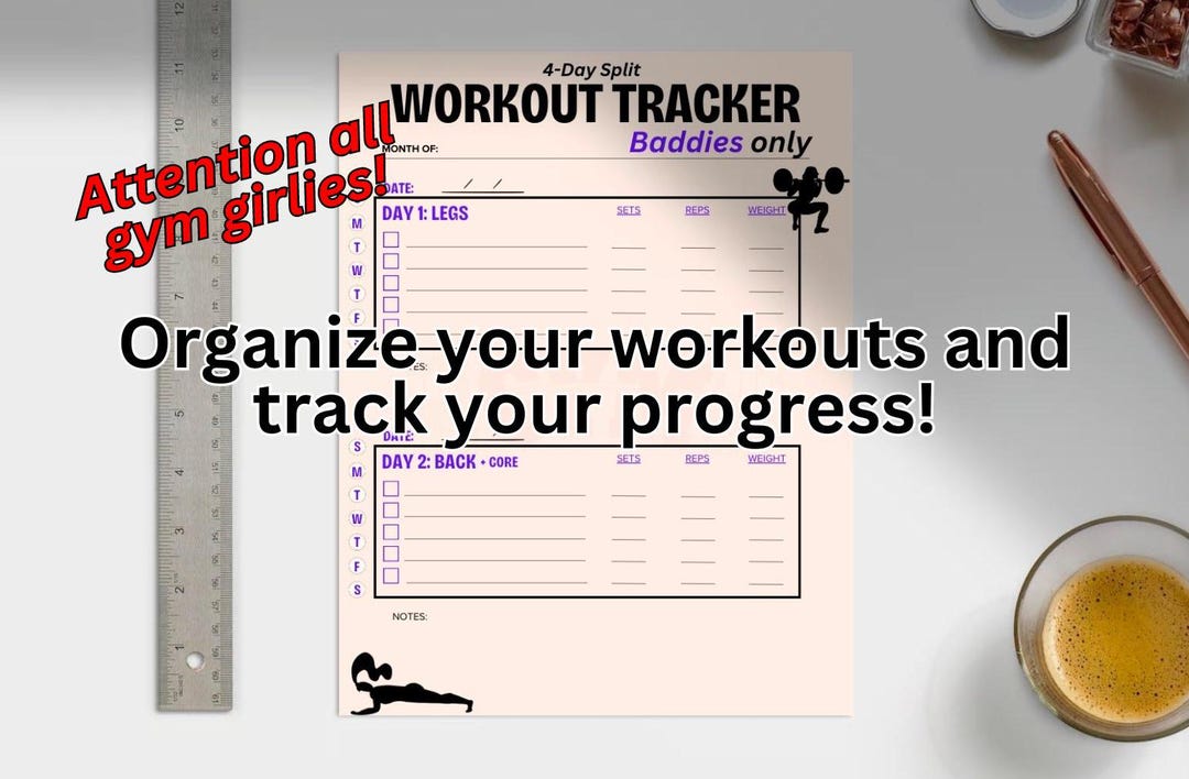 REUSABLE Printable Gym Fitness Workout Tracker Planner | 4 Day Split ...