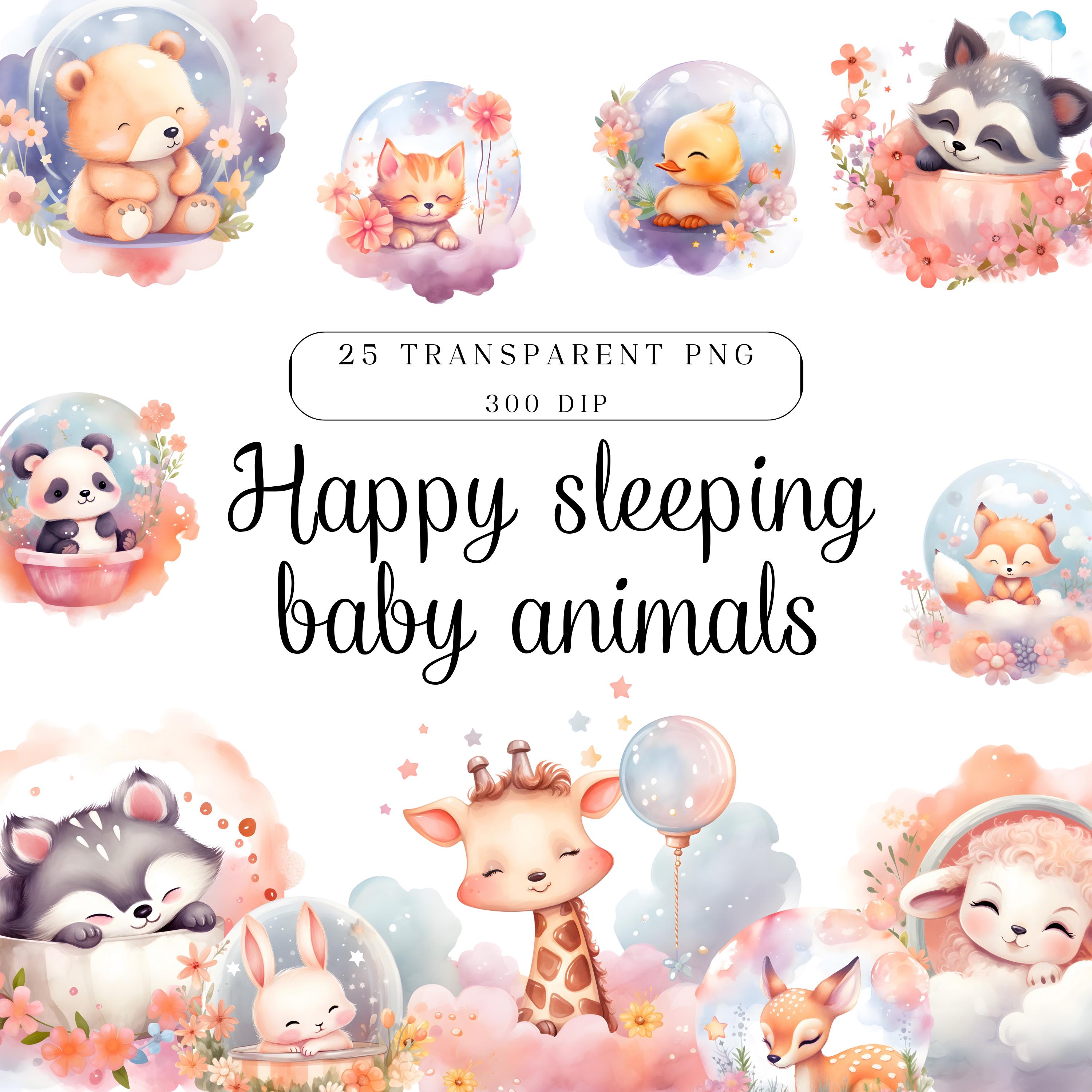 Watercolor Sleeping Baby Animals Clipart,sleepy Animal on Clouds,sweet ...