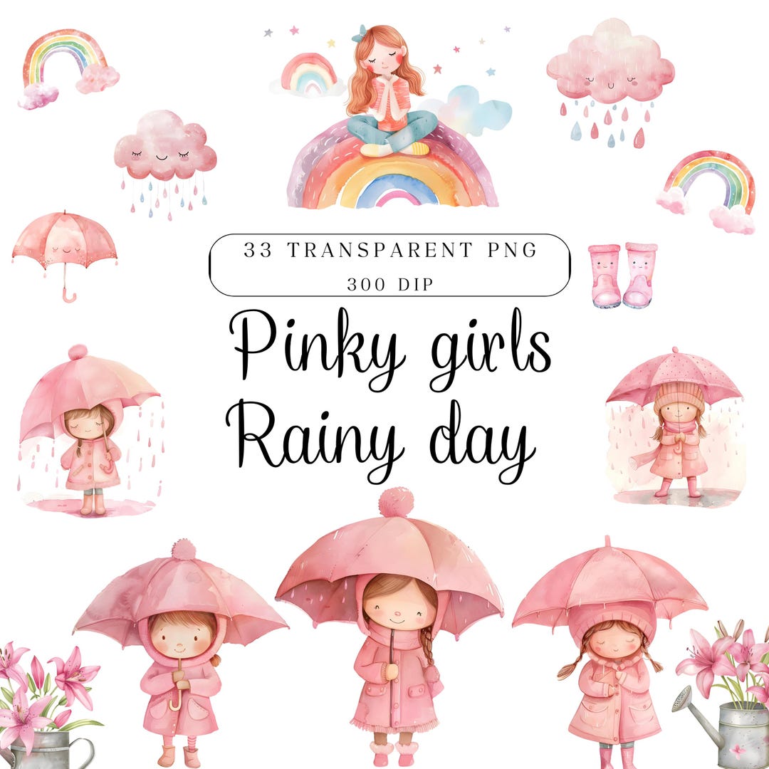 Watercolor Cute Girls in Rainy Day,rainy Day Clipart, Umbrella,rain ...