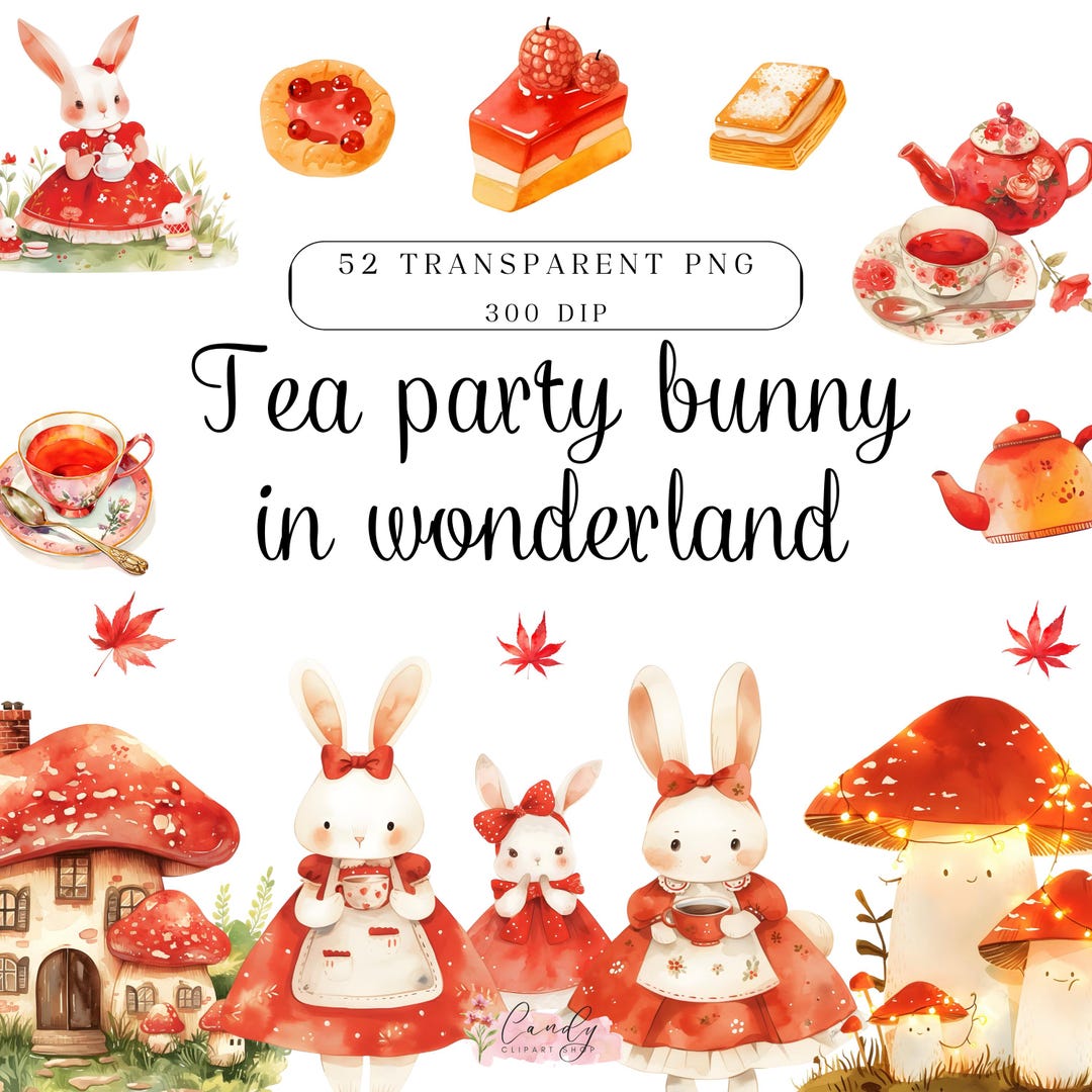 Watercolor Bunny Tea Party Clipart,cute Bunny in Wonderland Clipart,tea ...