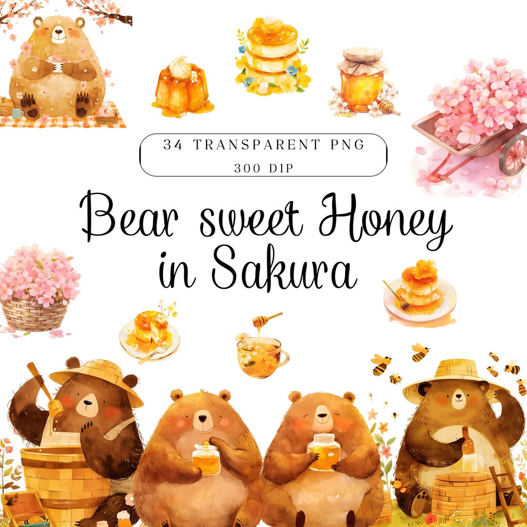 Watercolor Honey Bear Clipart,cute Teddy Bear Png,sakura Tree,cherry ...
