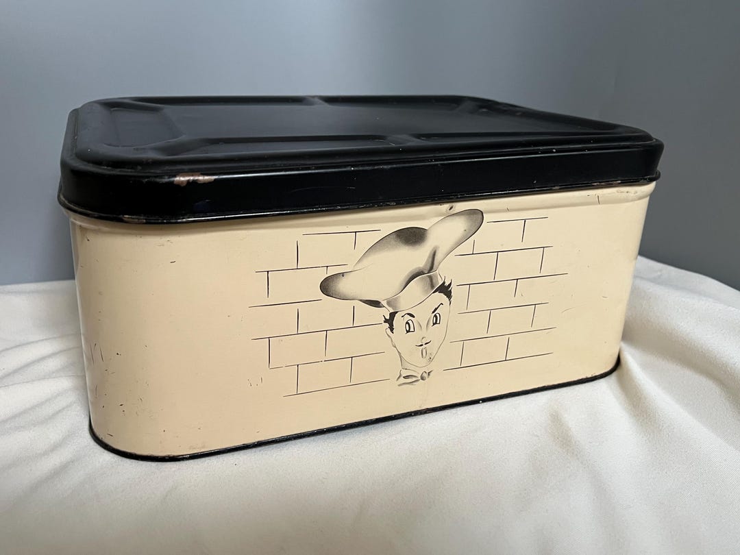 Vintage Parmeco Chef Bread Box Large Black and Cream Tin Vented ...