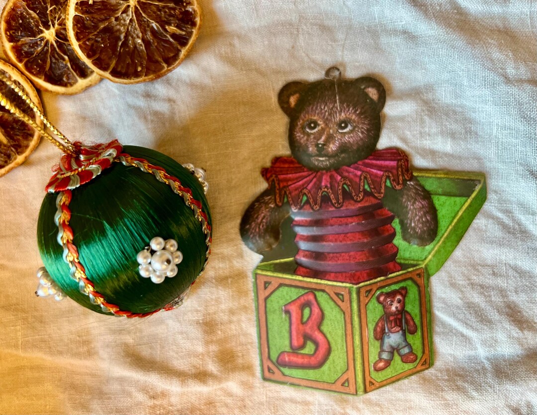 Old World Style Tin Bear-in-the-box and Green Thread Wrapped Ball ...