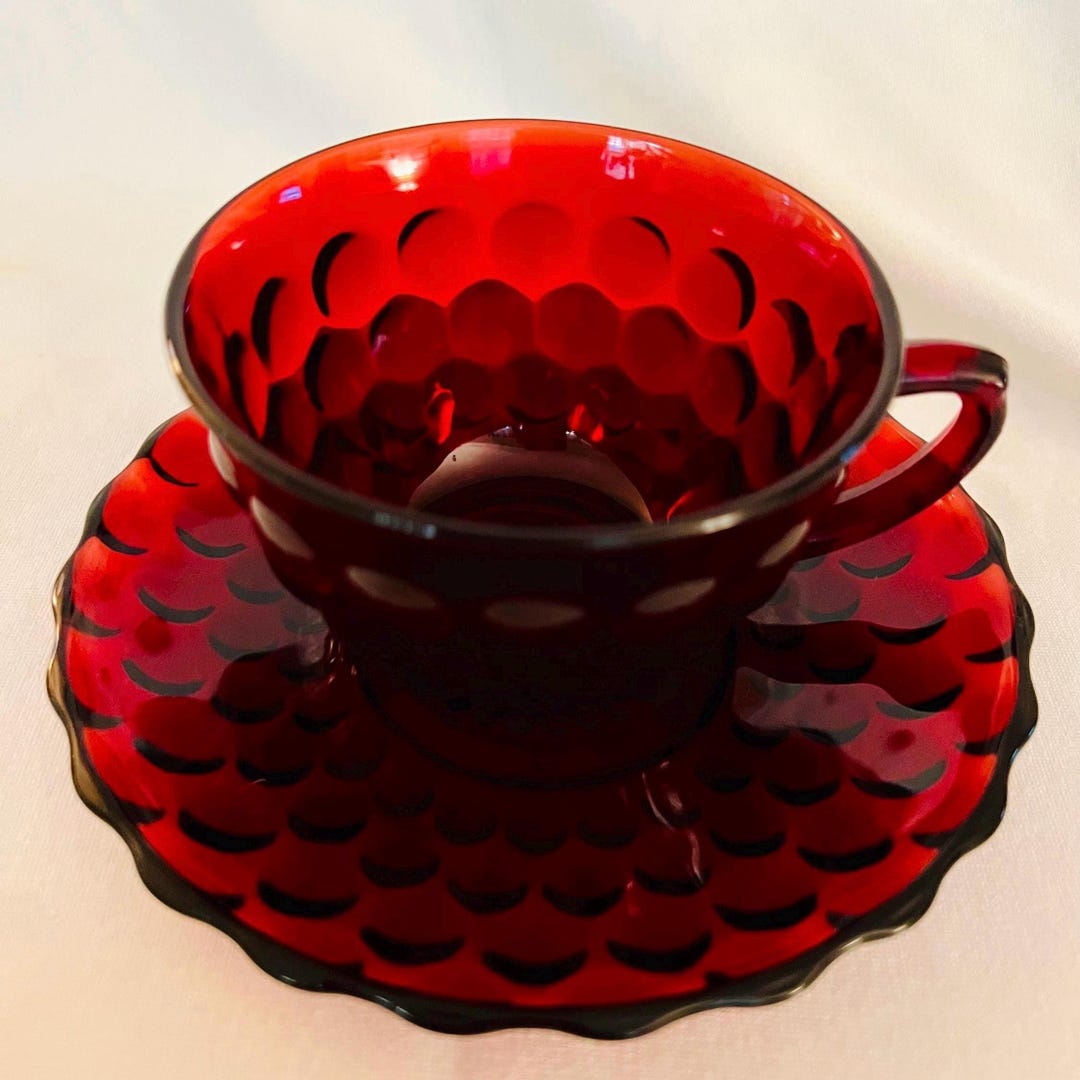 Anchor Hocking Ruby Red Bubble Glass Teacup and Saucer - Etsy