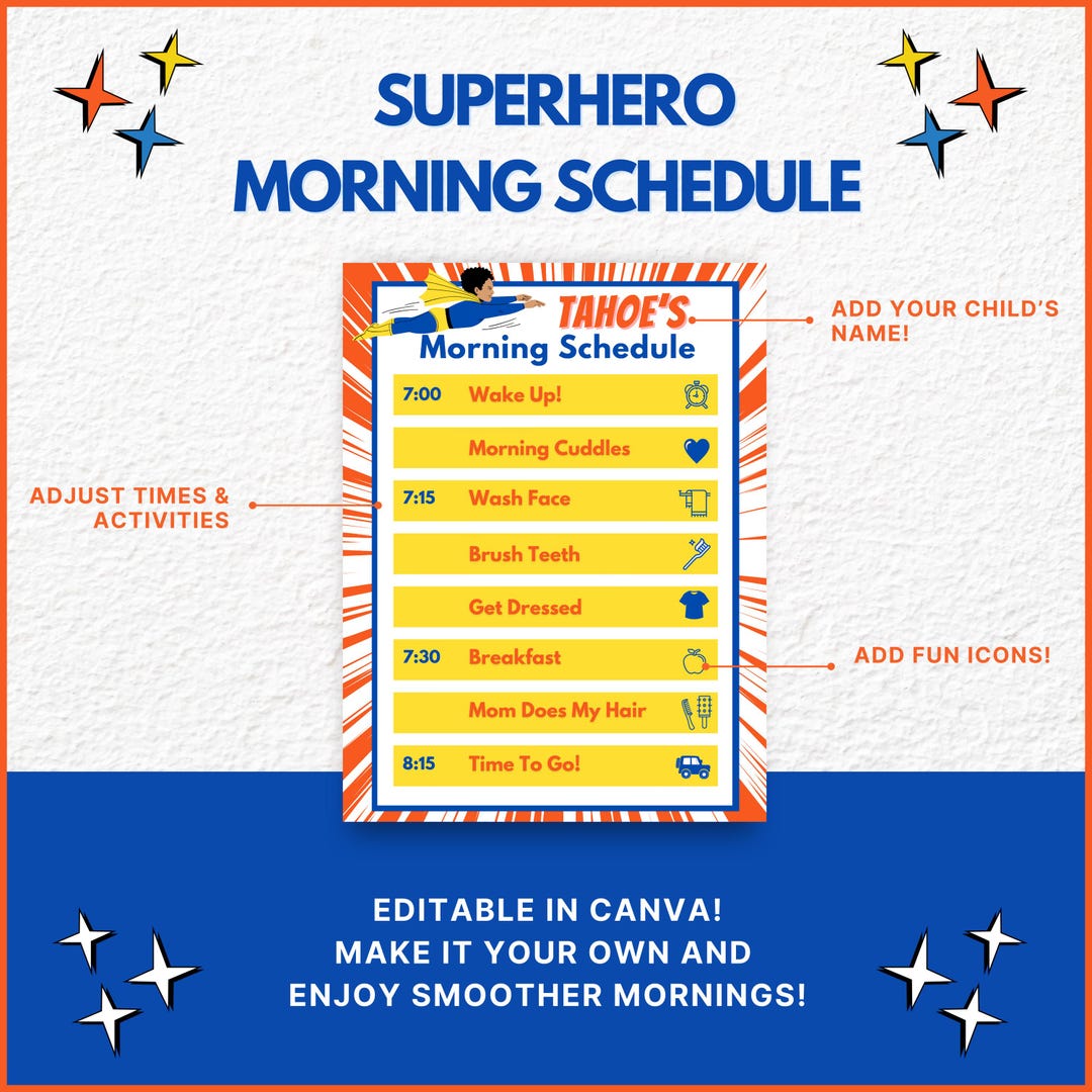 Superhero Morning Schedule - CANVA TEMPLATE - Etsy