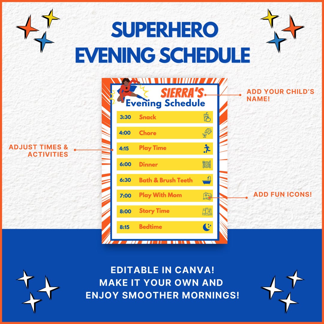 Superhero Evening Schedule - CANVA TEMPLATE - Etsy