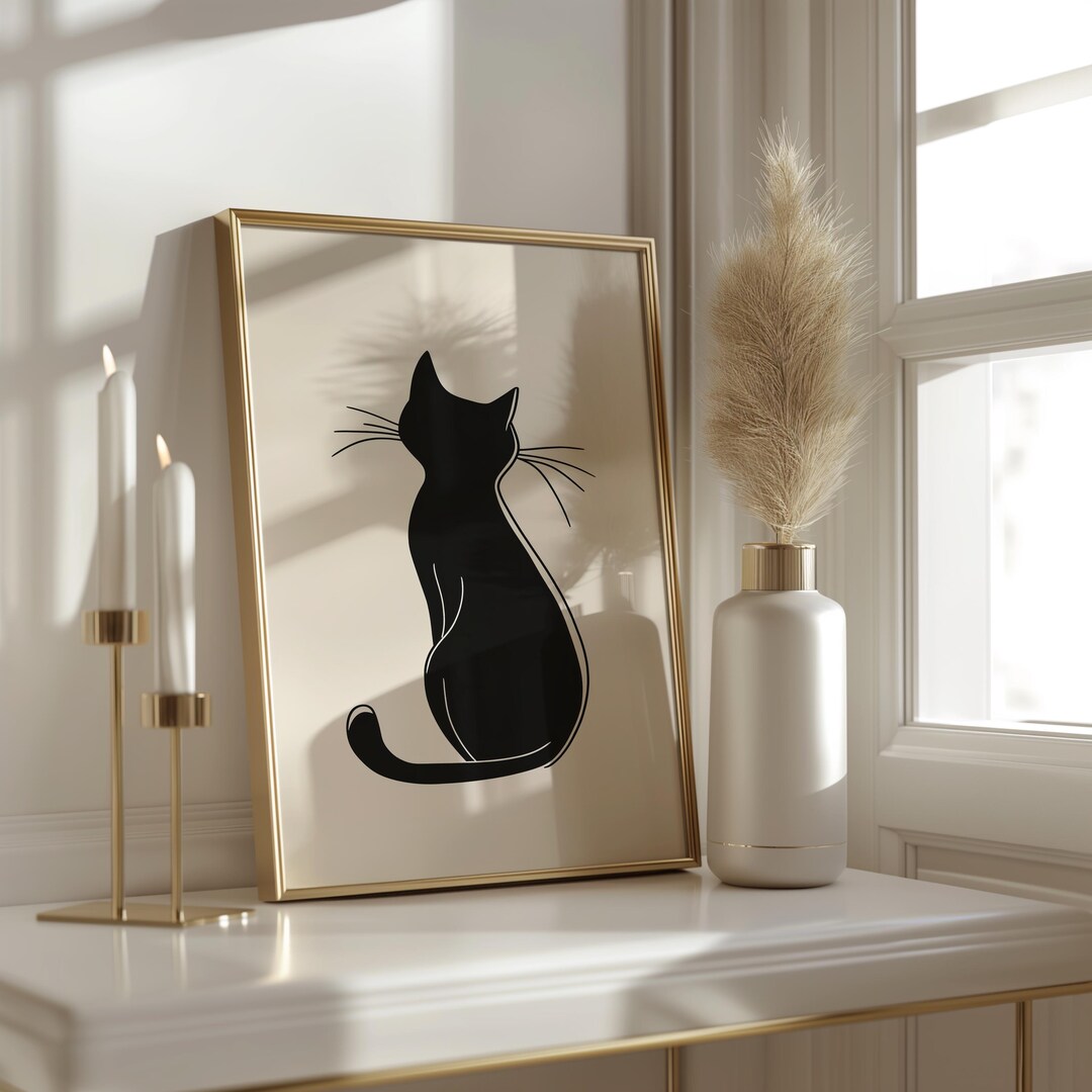 Black Cat Line Art Print – Sitting Cat Silhouette Wall Decor in Neutral ...