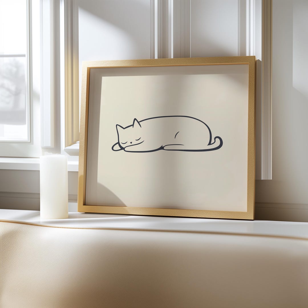 Minimalist Sleeping Cat Line Art Print – Neutral Monochrome Pet Wall ...