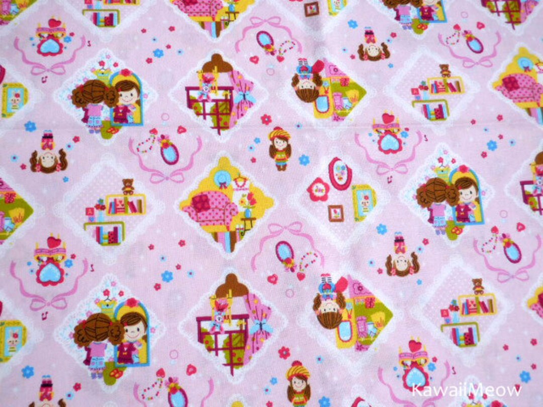 Scrap / Kawaii Japanese Fabric - Cute Girls on Pink - 110cm/43"w X 61cm ...