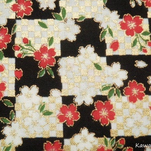Japanese Kimono Fabric - Checkered Pattern Sakura Cherry Blossoms on ...