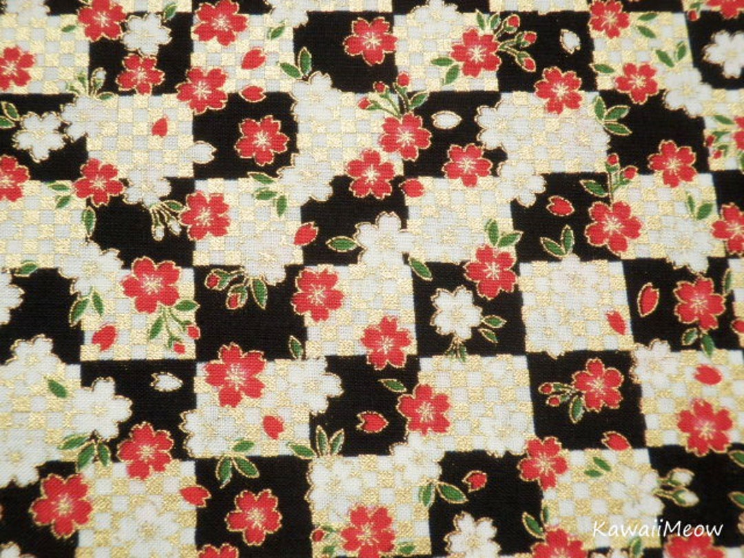 Japanese Kimono Fabric - Checkered Pattern Sakura Cherry Blossoms on ...