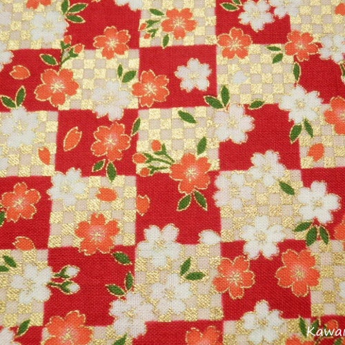 Vintage Japanese Red Cotton Fabric Floral Fabric With Pink | Etsy