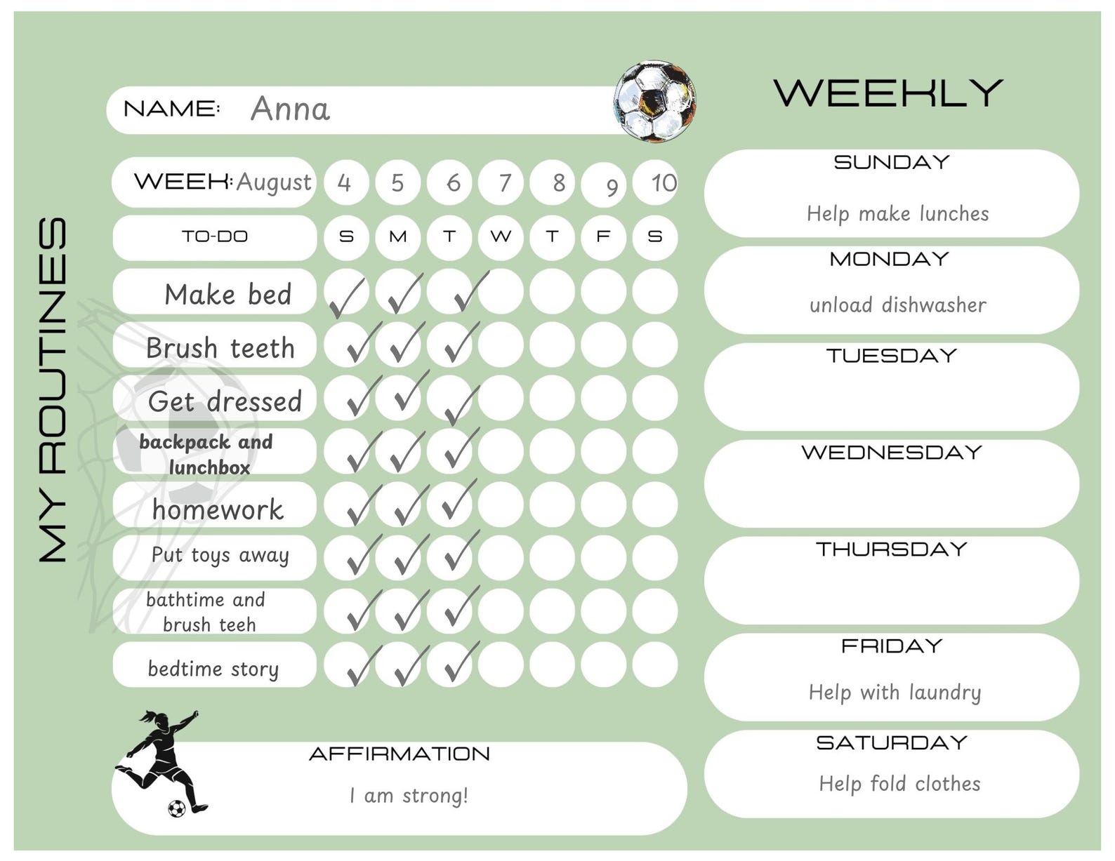 Soccer Daily and Weekly Chore Chart | Landscape 8.5 X11 | Routines ...