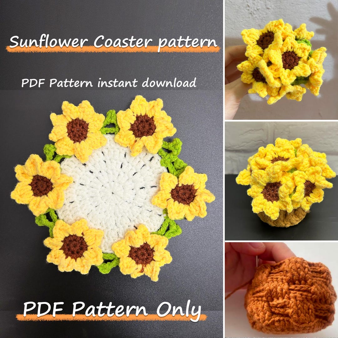 Crochet Sunflower Bouquet Coaster Pattern,flower Pot Coaster,crochet ...