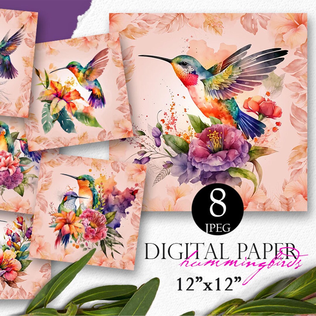 Rainbow Colored Hummingbird Digital Paper Pack. Watercolor Floral ...