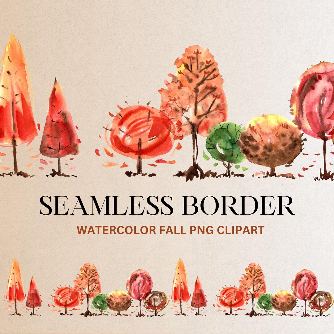 Fall Watercolor Forest PNG Clipart. Autumn Seamless Border With Orange ...