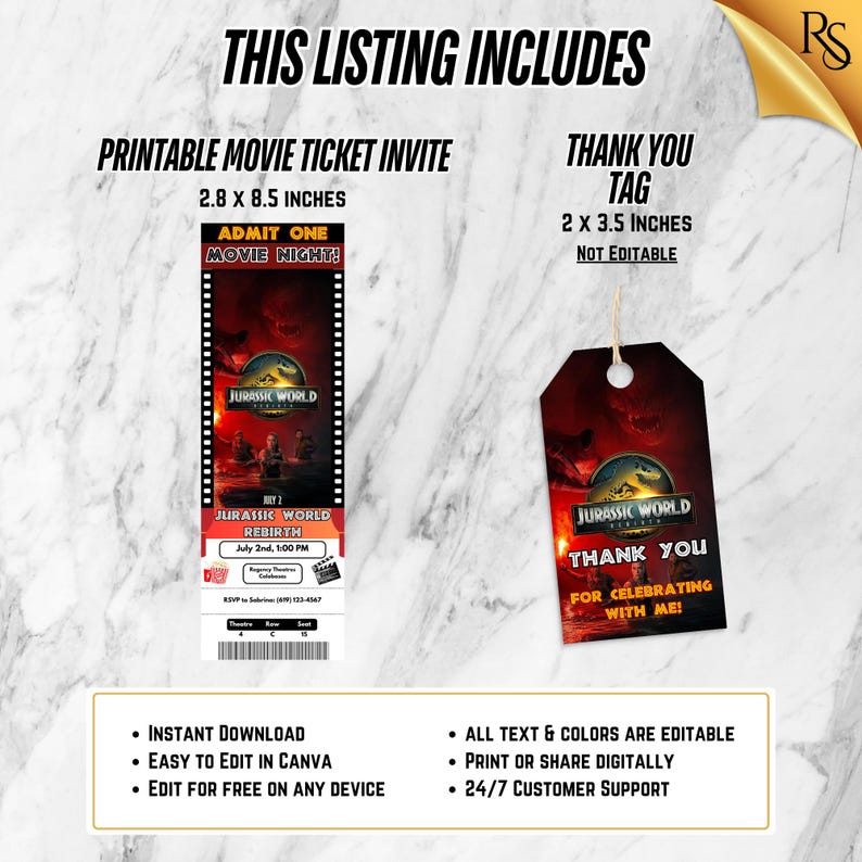 Editable Jurassic World Rebirth Movie Ticket Birthday Invite, Editable Dinosaur Movie Canva ...