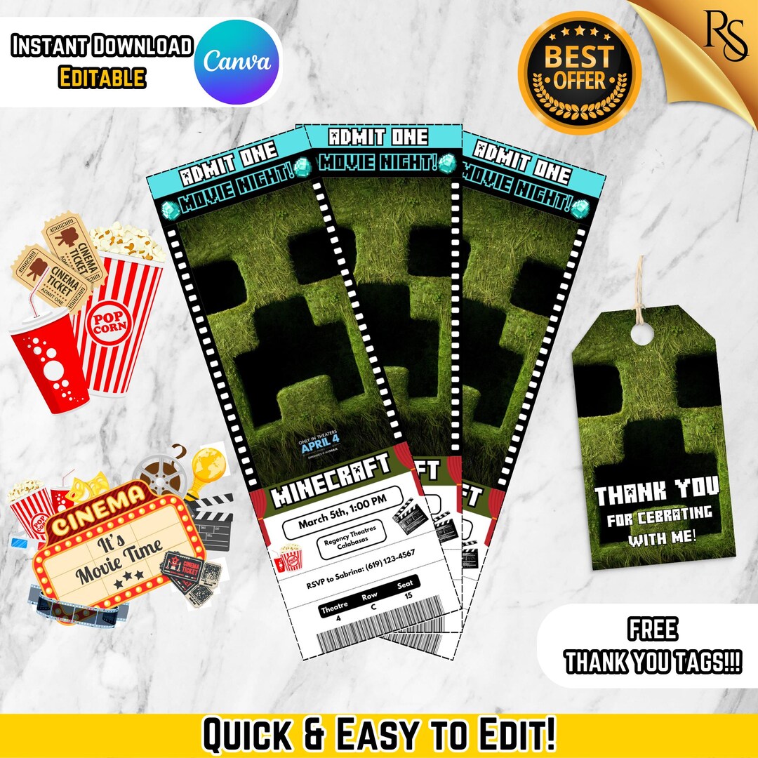Editable Minecraft Movie Ticket Birthday Invite, Canva Minecraft Movie ...