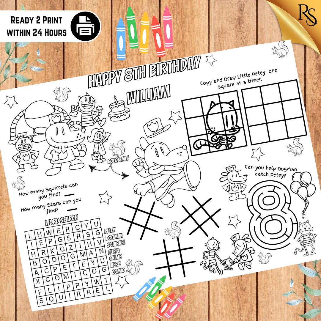 Personalized Dogman Birthday Coloring Placemat | Kids Party Activity ...