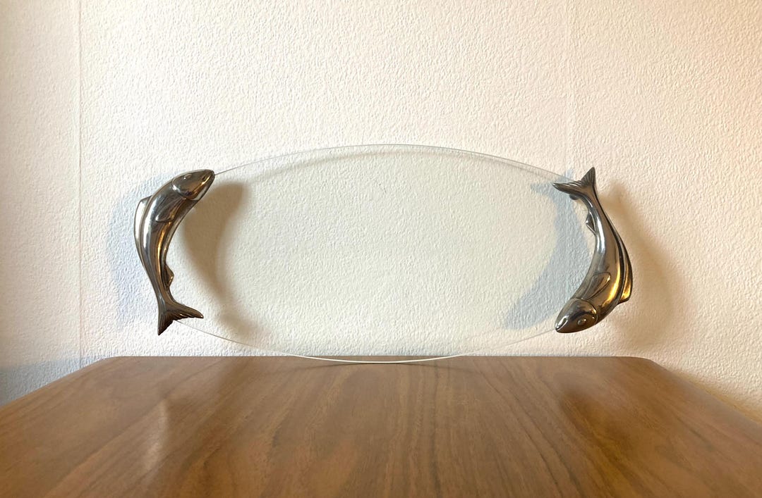 Silea Oval Footed Glass Tray With Silver Plated Fish Shaped Handles - Etsy