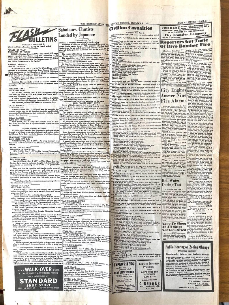 Vintage Reproduction of the Honolulu Star Bulletin 1941 Pearl Harbour ...