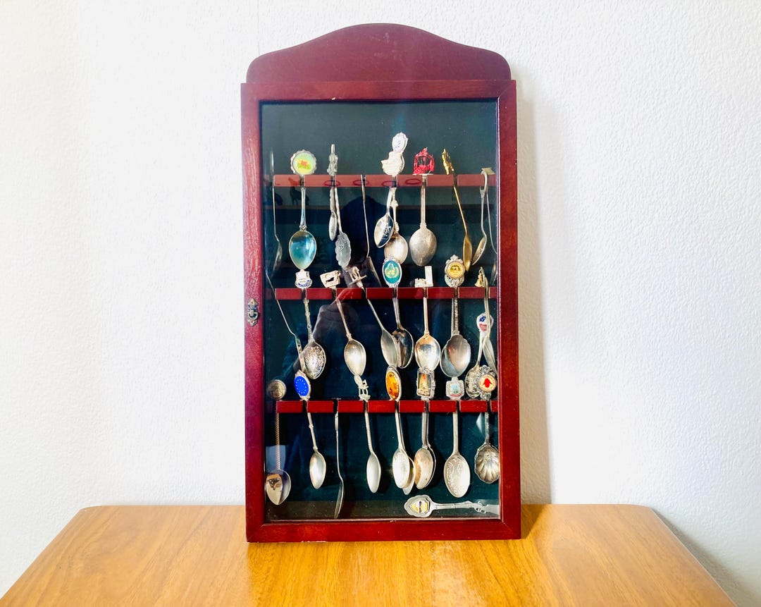 Vintage Wood and Glass Souvenir Spoon Display Cabinet, Contains 36 ...