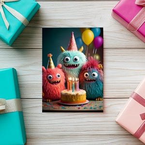 Colourful Monster Birthday Card Cute Fluffy Monster Card Funny Birthday ...