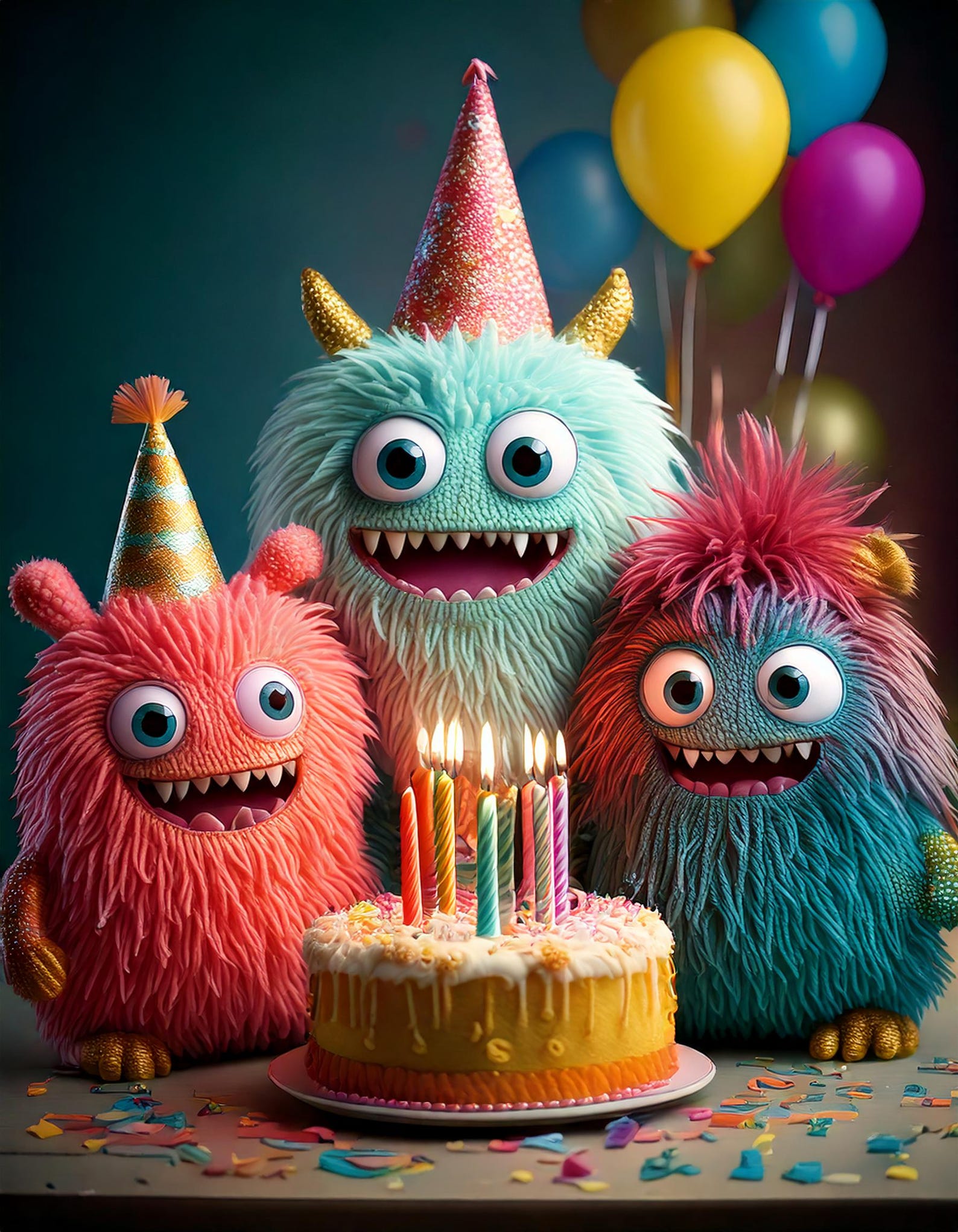 Colourful Monster Birthday Card Cute Fluffy Monster Card Funny Birthday ...